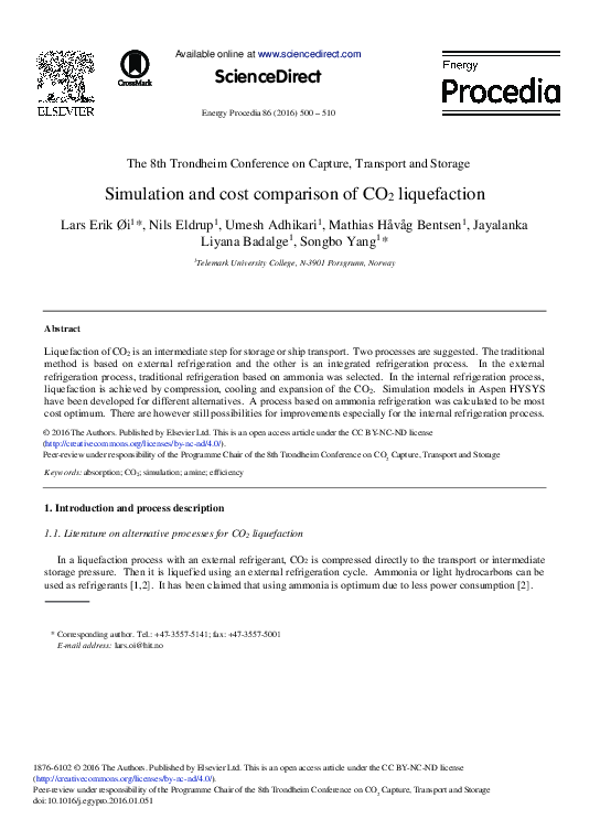 (PDF) Simulation and Cost Comparison of CO2 Liquefaction