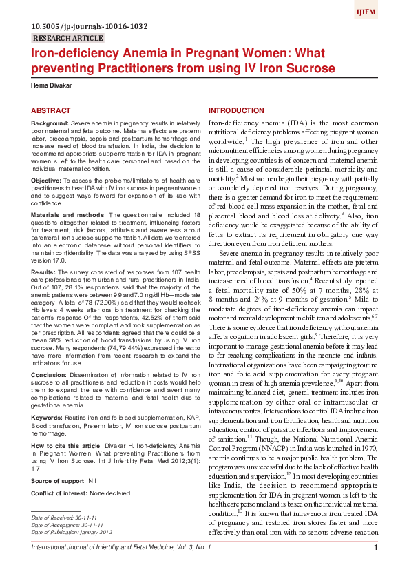 (PDF) Iron-deficiency Anemia in Pregnant Women: What preventing Practitioners from using IV Iron ...