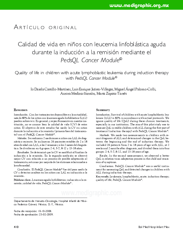 (PDF) Quality of life in children with acute lymphoblastic leukemia ...