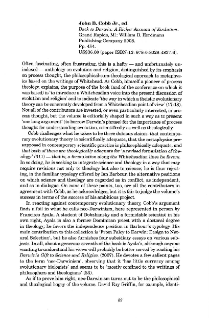 (PDF) John B. Cobb Jr., ed. , Back to Darwin: A Richer Account of Evolution Reviewed by