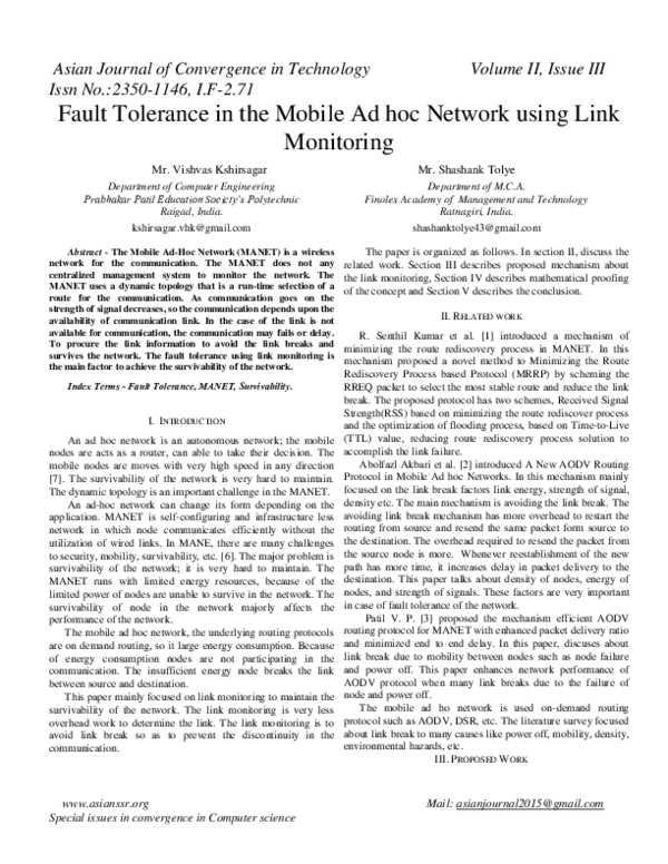 Pdf Fault Tolerance In The Mobile Ad Hoc Network Using Link Monitoring