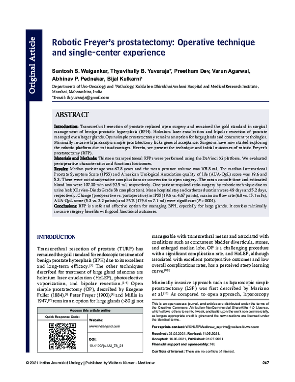 (PDF) Robotic Freyer's prostatectomy: Operative technique and single ...