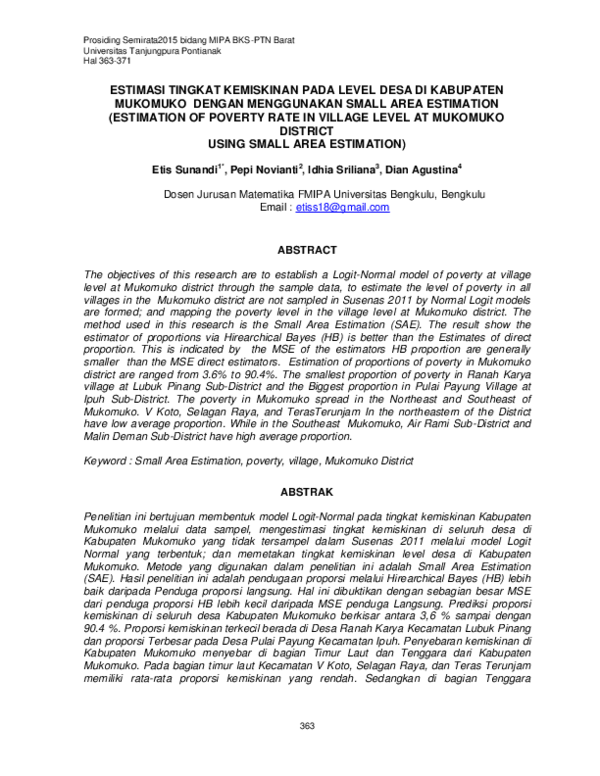 (PDF) Estimasi Tingkat Kemiskinan Pada Level Desa DI Kabupaten Mukomuko ... (PDF) Estimasi Tingkat Kemiskinan Pada Level Desa DI Kabupaten Mukomuko ...