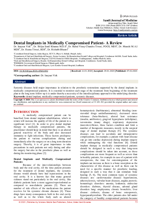 (PDF) Dental Implants in Medically Compromised Patient- A Review