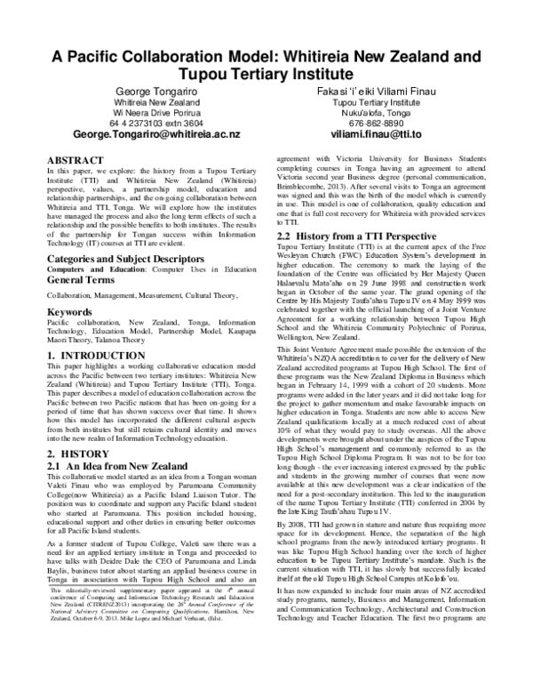 (PDF) A Pacific Collaboration Model: Whitireia New Zealand and Tupou ...