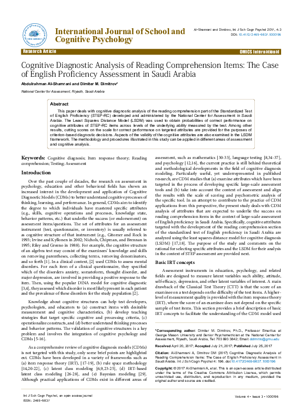 (PDF) Cognitive Diagnostic Analysis of Reading Comprehension Items: The ...