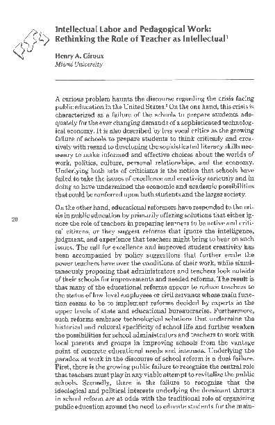 (PDF) Intellectual Labor and Pedagogical Work: Rethinking the Role of ...