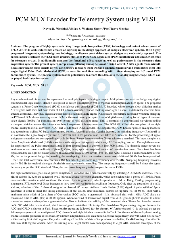 (PDF) PCM MUX Encoder for Telemetry System using VLSI