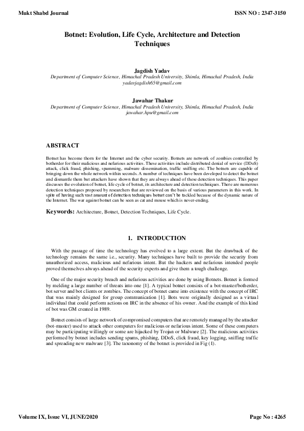 (PDF) Botnet: Evolution, Life Cycle, Architecture and Detection Techniques