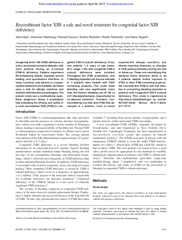(PDF) Recombinant factor XIII: a safe and novel treatment for ...