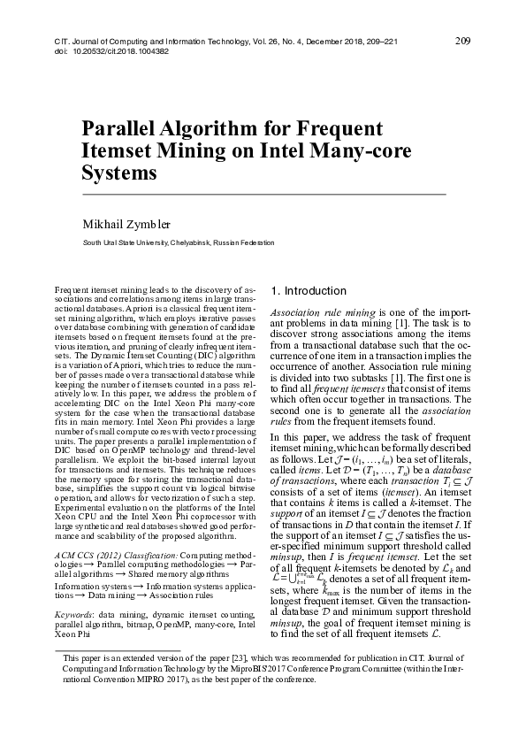 (PDF) Parallel Algorithm for Frequent Itemset Mining on Intel Many-core Systems