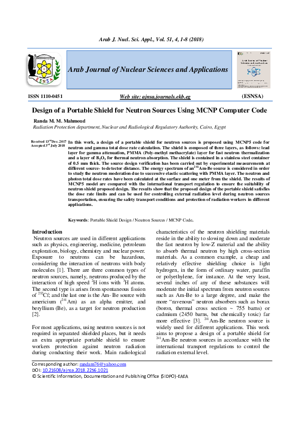 (PDF) Design of portable shield for neutron sources using MCNP Computer Code