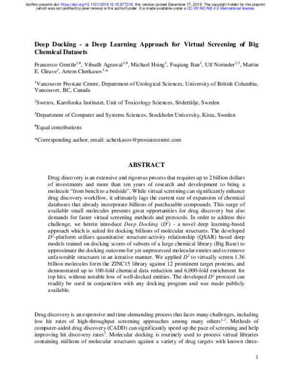 (PDF) Deep Docking - a Deep Learning Approach for Virtual Screening of ...