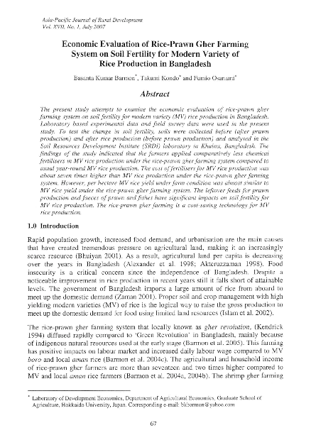 (PDF) Economic Evaluation of Rice-Prawn Gher Farming System on Soil ...