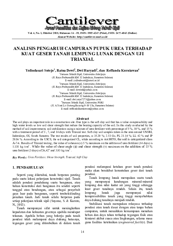(PDF) Analisis Pengaruh Campuran Pupuk Urea Terhadap Kuat Geser Tanah Lempung Lunak Dengan Uji ...