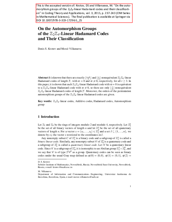 (PDF) On the Automorphism Groups of the $$\mathbb{Z}_{2}\mathbb{Z}_{4}$$ -Linear Hadamard Codes ...