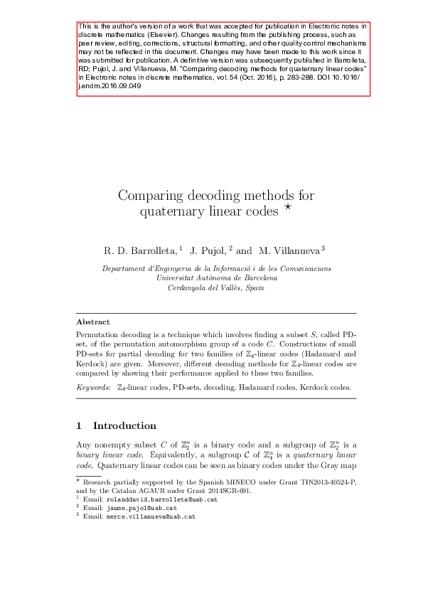 (PDF) Comparing decoding methods for quaternary linear codes