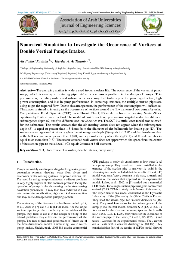 (PDF) Numerical Simulation to Investigate the Occurrence of Vortices at ...