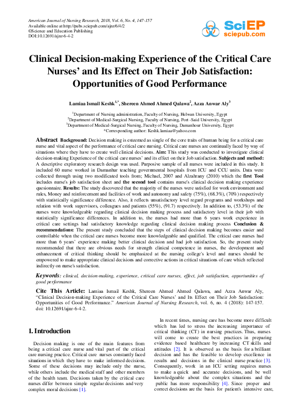 (PDF) Clinical Decision-making Experience of the Critical Care Nurses ...