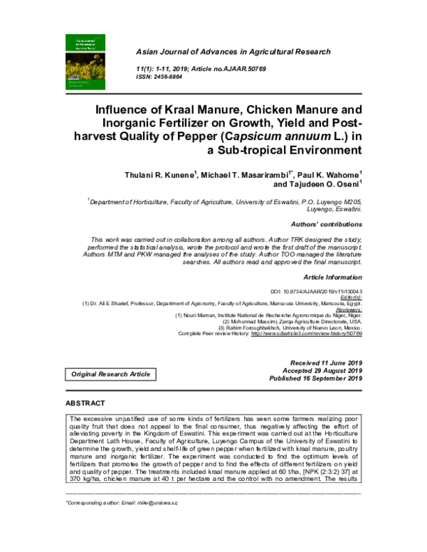 (PDF) Influence of Kraal Manure, Chicken Manure and Inorganic Fertilizer on Growth, Yield and ...