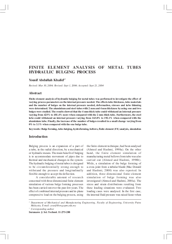 (PDF) Finite Element Analysis of Metal Tubes Hydraulic Bulging Process | Yousif khalid ...