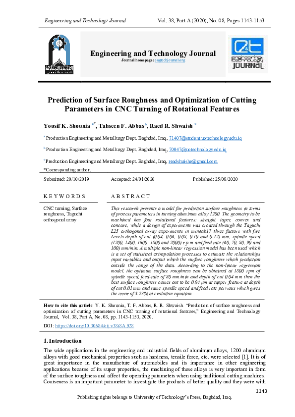 (PDF) Prediction of Surface Roughness and Optimization of Cutting Parameters in CNC Turning of ...