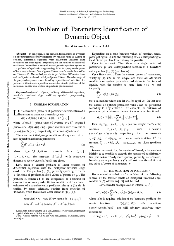 (PDF) On Problem Of Parameters Identification Of Dynamic Object