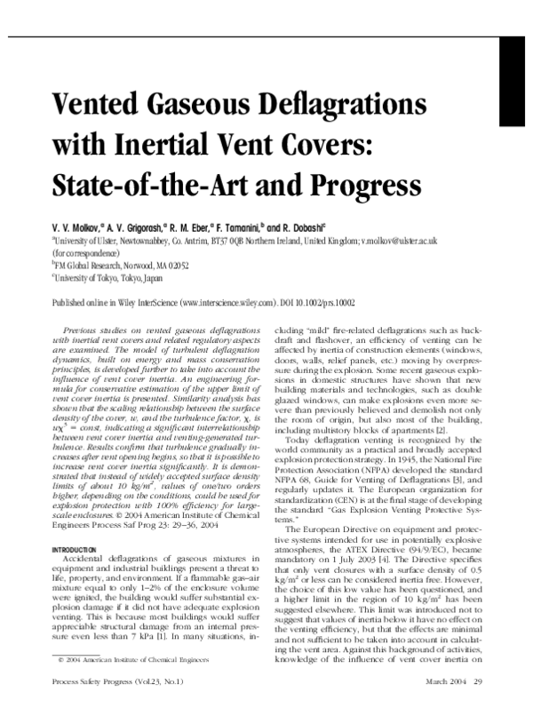 (PDF) Vented gaseous deflagrations with inertial vent covers: State-of ...