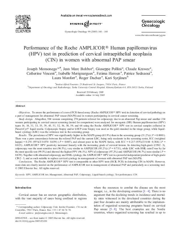 (PDF) Performance of the Roche AMPLICORR Human Papillomavirus (HPV ...