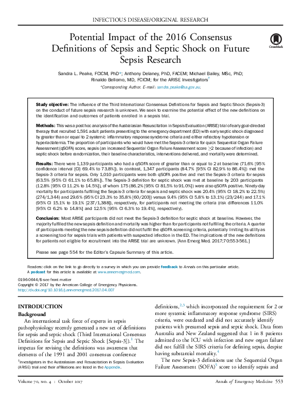 (PDF) Potential Impact of the 2016 Consensus Definitions of Sepsis and ...