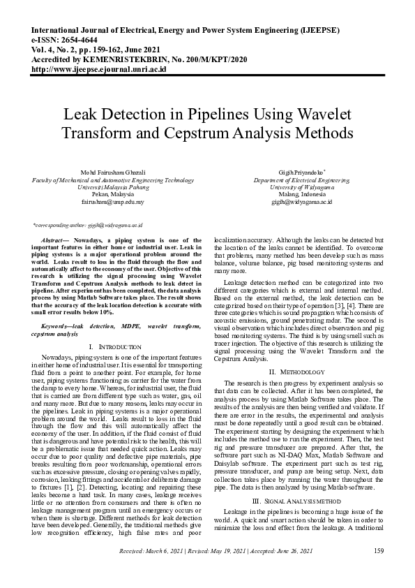 Pdf Leak Detection In Pipelines Using Wavelet Transform And Cepstrum Analysis Methods