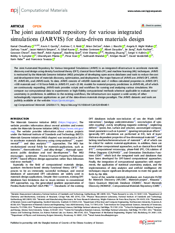 (PDF) The joint automated repository for various integrated simulations (JARVIS) for data-driven ...