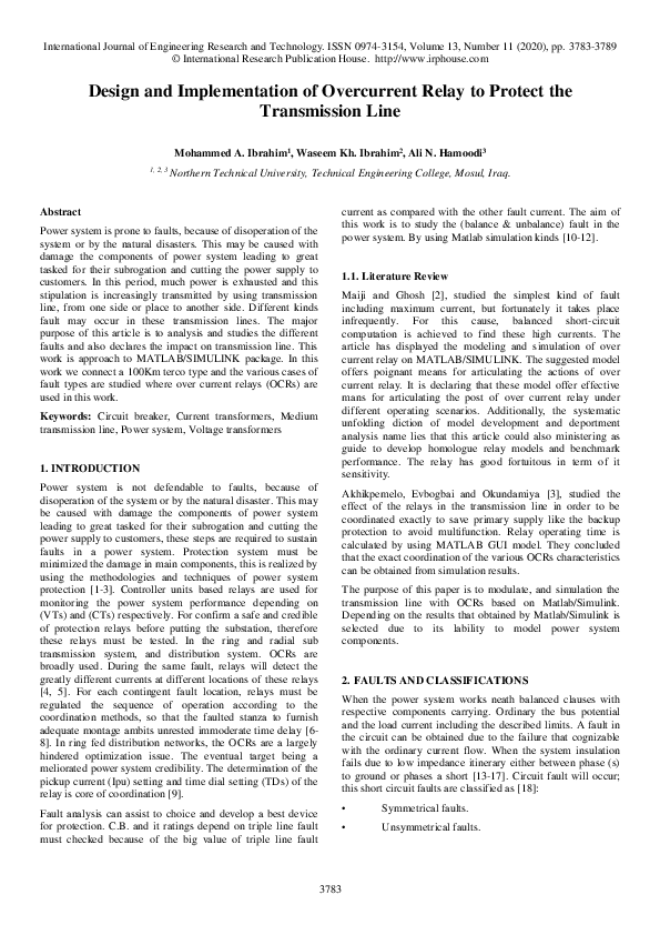 (PDF) Design and Implementation of Overcurrent Relay to Protect the ...