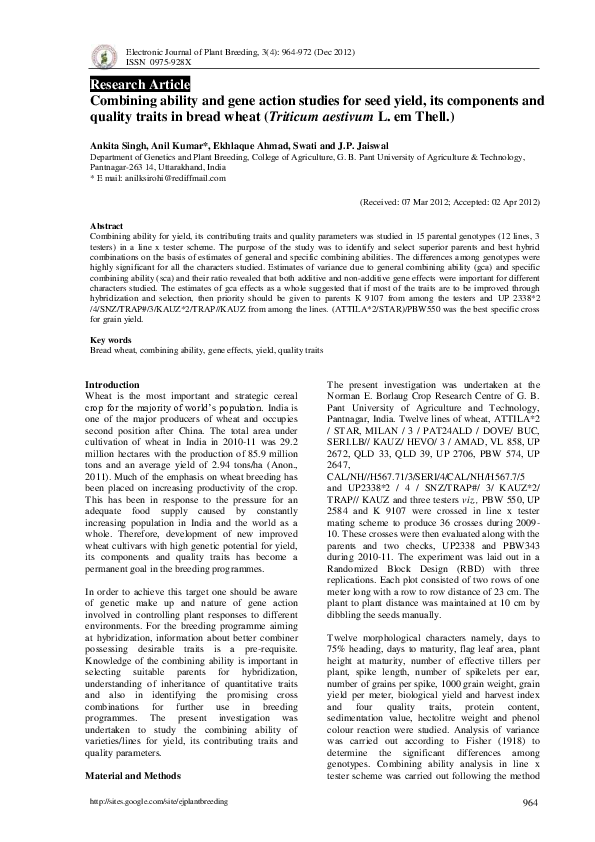 (PDF) Combining ability and gene action studies for seed yield, its components and quality ...