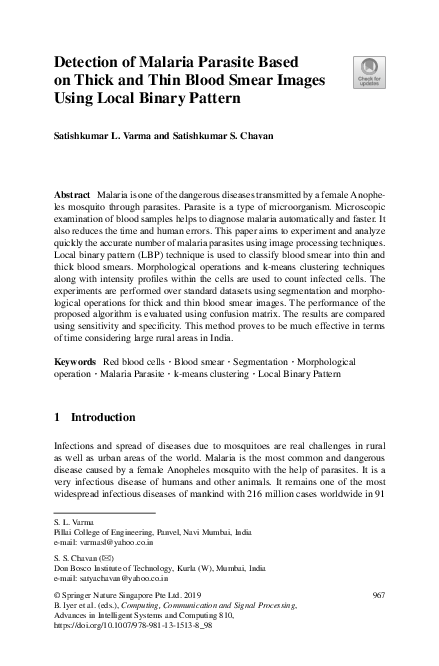 (PDF) Detection of Malaria Parasite Based on Thick and Thin Blood Smear Images Using Local ...