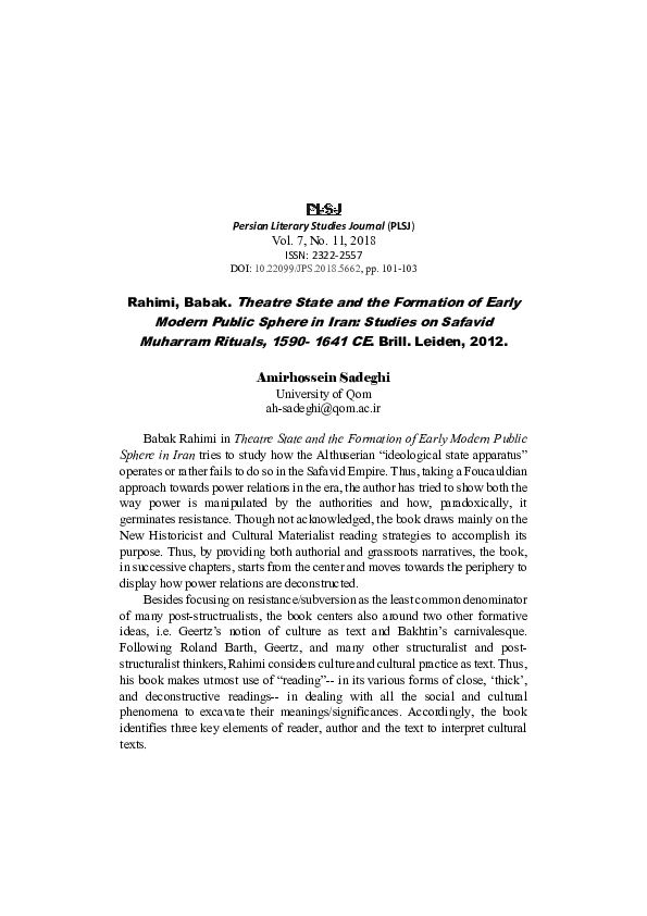(PDF) Rahimi, Babak. Theatre State and the Formation of Early Modern ...
