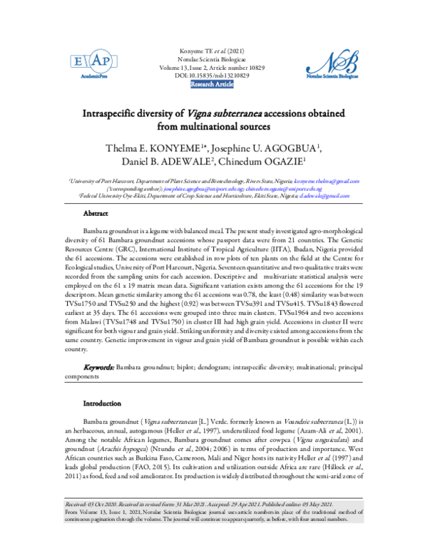 (PDF) Intraspecific diversity of Vigna subterranea accessions obtained ...