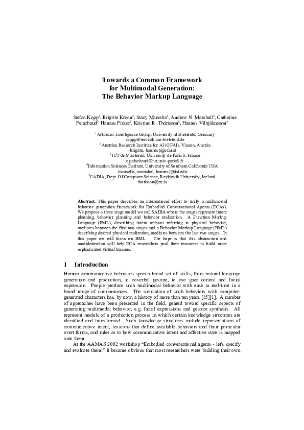 Pdf Towards A Common Framework For Multimodal Generation The Behavior Markup Language