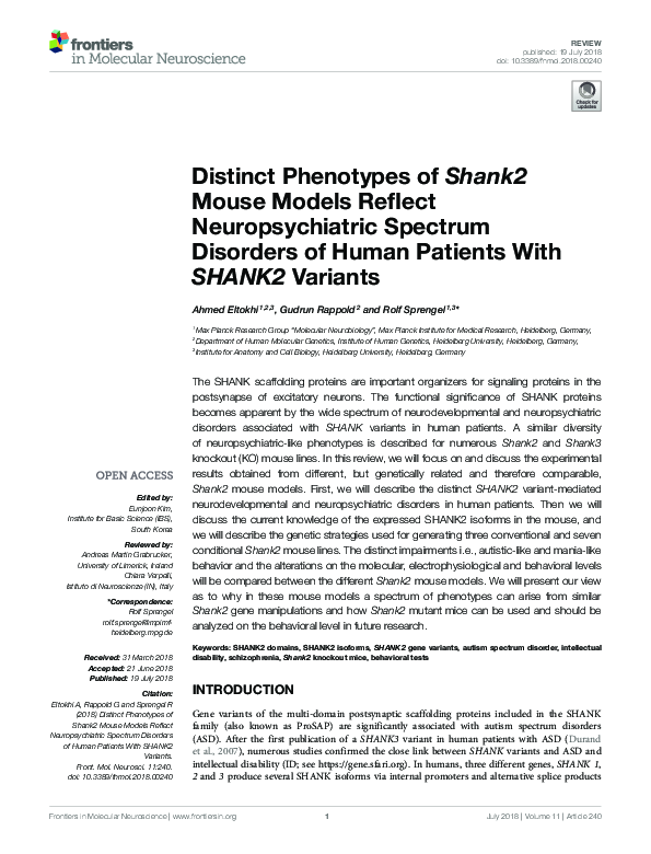 (PDF) Distinct Phenotypes of Shank2 Mouse Models Reflect ...