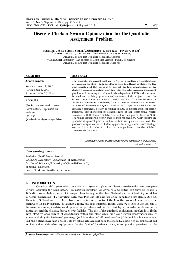 (PDF) Discrete Chicken Swarm Optimization for the Quadratic Assignment Problem