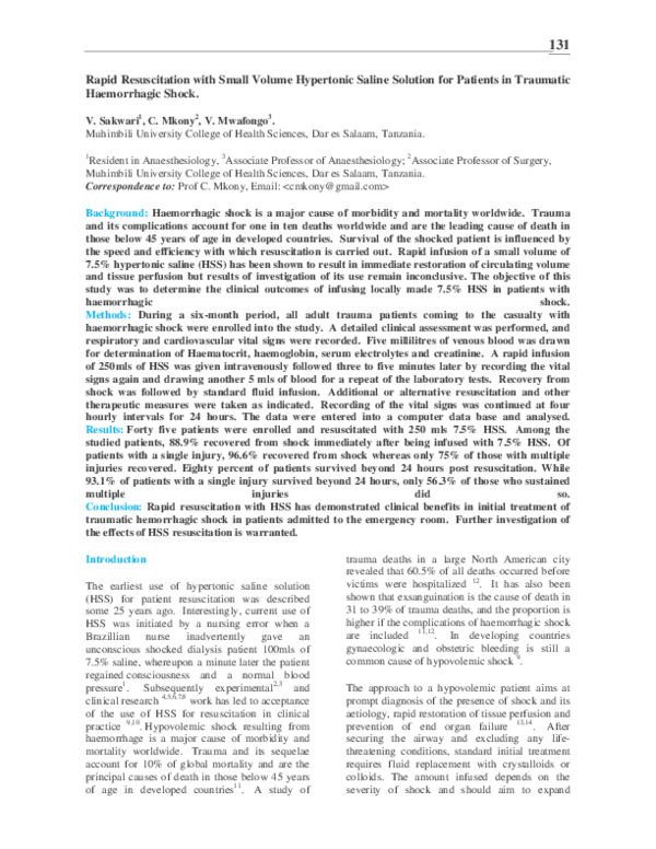 (PDF) Rapid Resuscitation with Small Volume Hypertonic Saline Solution for Patients in Traumatic ...