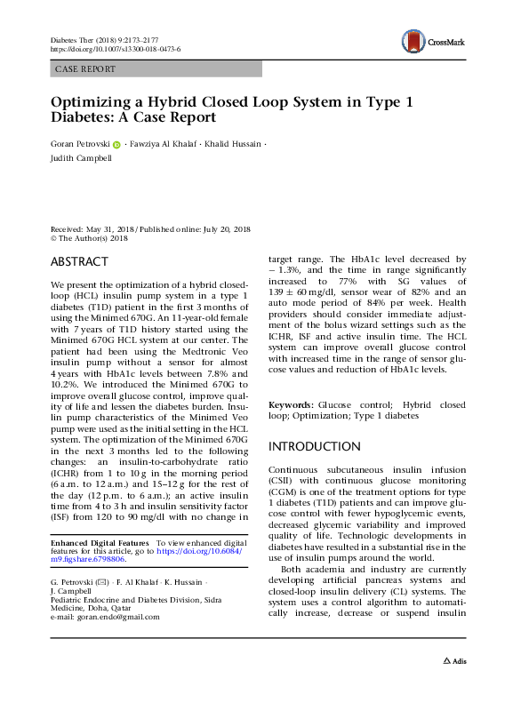 (PDF) Optimizing a Hybrid Closed Loop System in Type 1 Diabetes: A Case ...