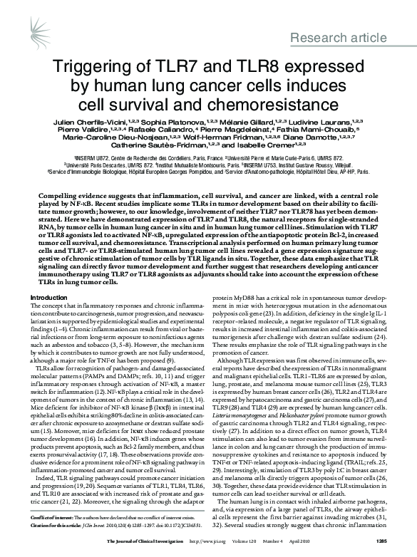 (PDF) Triggering of TLR7 and TLR8 expressed by human lung cancer cells ...