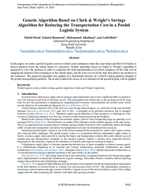 Pdf Genetic Algorithm Based On Clark And Wrights Savings Algorithm For Reducing The