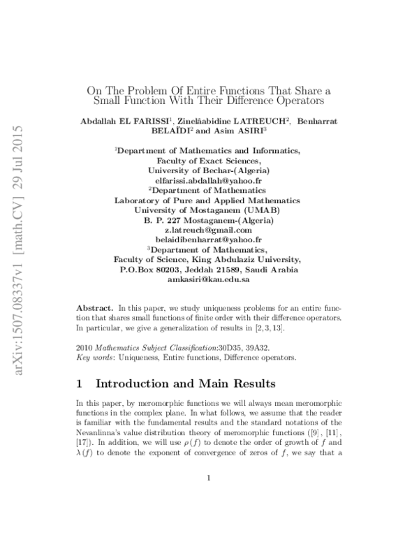 Pdf On The Problem Of Entire Functions That Share A Small Function