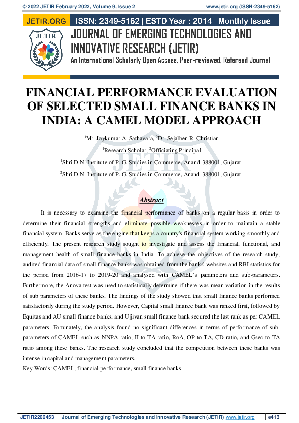 (PDF) FINANCIAL PERFORMANCE EVALUATION OF SELECTED SMALL FINANCE BANKS ...