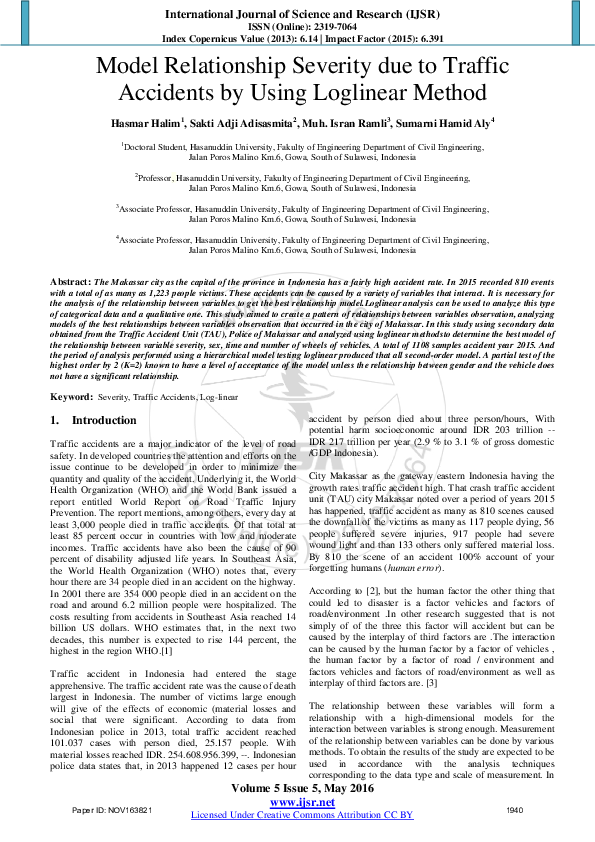 (PDF) Model Relationship Severity due to Traffic Accidents by Using Loglinear Method
