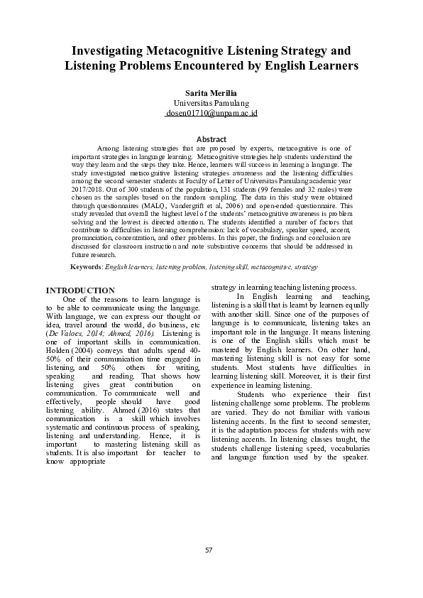 Pdf Investigating Metacognitive Listening Strategy And Listening Problems Encountered By