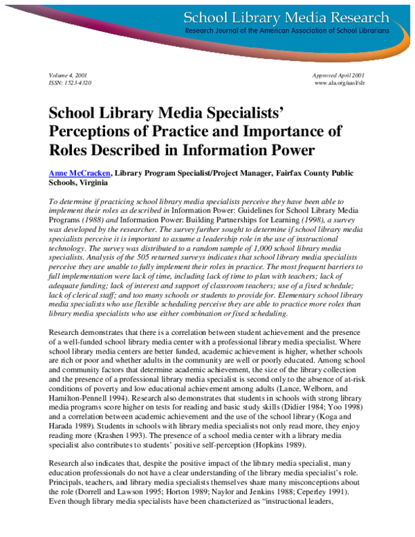 (PDF) School Library Media Specialists' Perceptions of Practice and ...