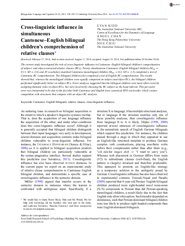 (PDF) Cross-linguistic influence in simultaneous Cantonese–English ...